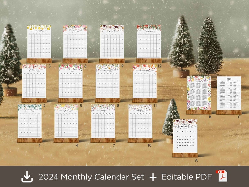 2024 Printable Editable Calendar Bundle Monthly Calendars,flowers and ...