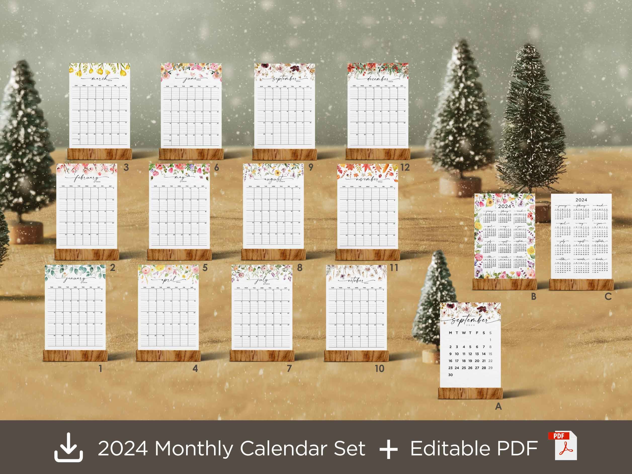 2024 Printable Editable Calendar Bundle Monthly Calendars,flowers and ...