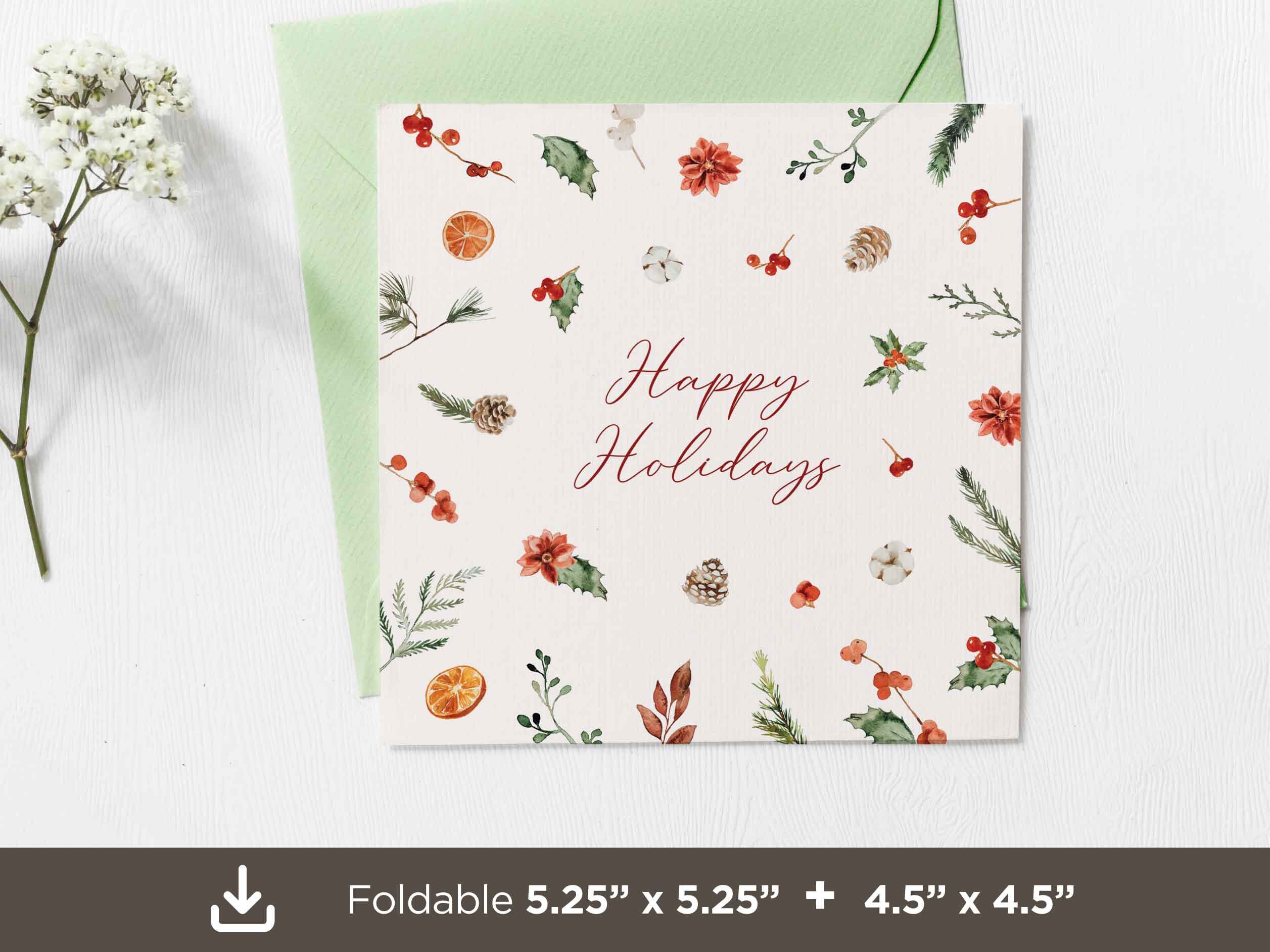Happy Holiday Printable Cards, Printable Botanical Holiday Cards ...
