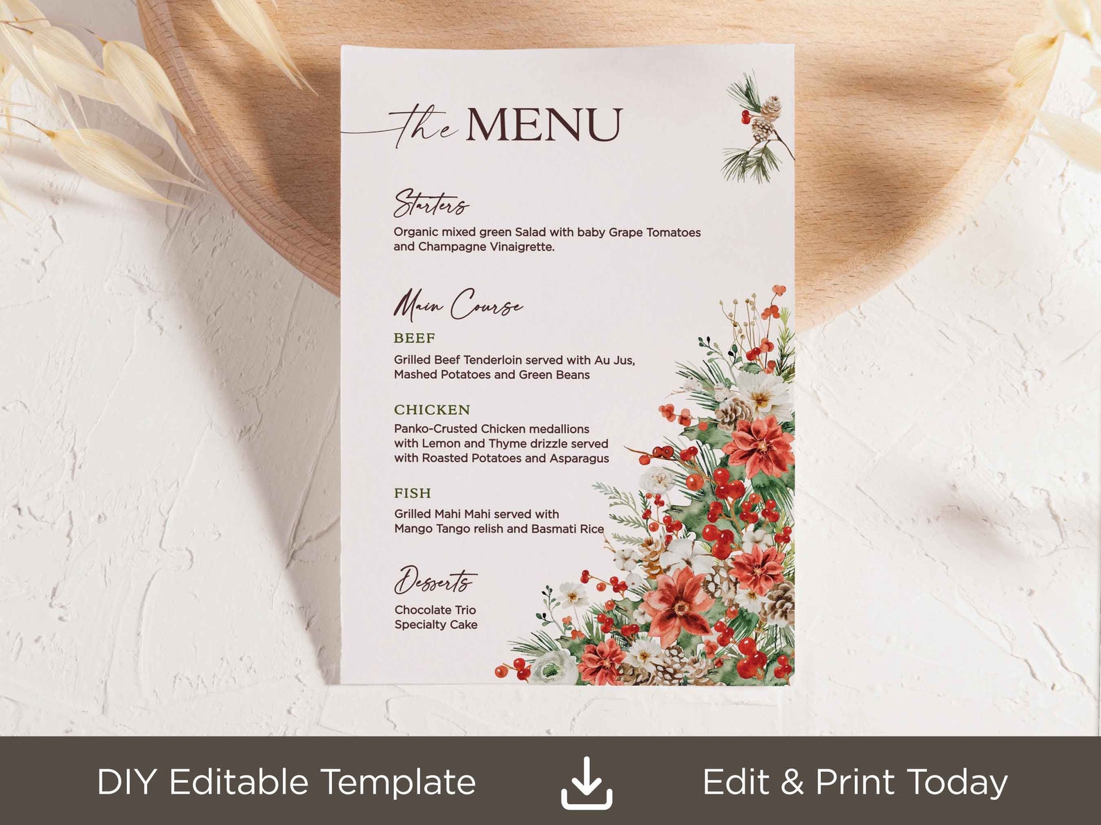 Printable Christmas Menu Card: Floral Holiday Template (edit With Corjl ...