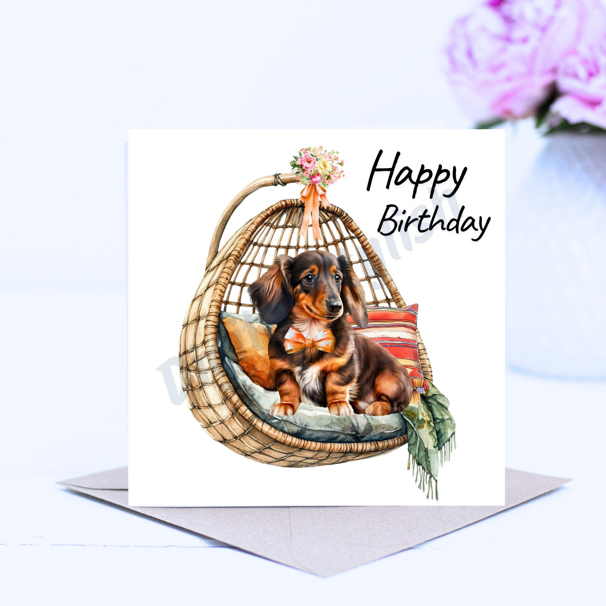Dachshund Birthday Card, Weiner Dog in Wicker Chair (digital JPG) - Etsy