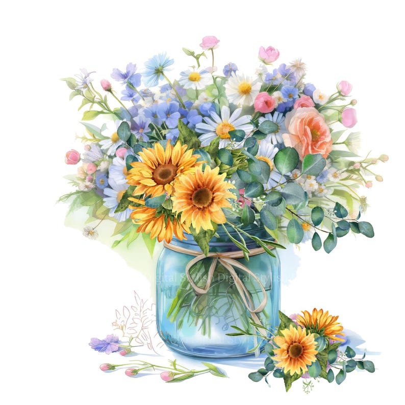 Floral Mason Jar Clipart: Wildflower Prints for Scrapbooking (JPG ...
