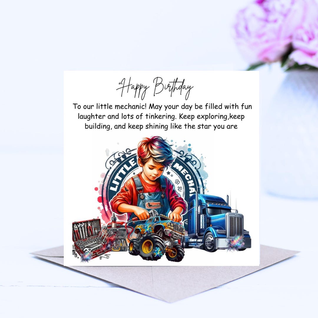 Little Mechanic Birthday Card for Boys, Printable 13x13 cm, Boy With ...