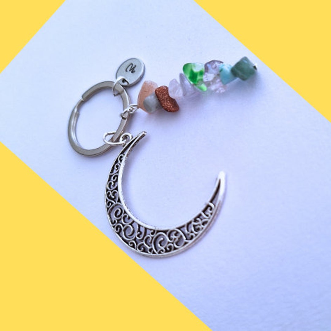 Moon Keyring, Crescent Moon Key ring, Gemstone Keyring, Personalised ...