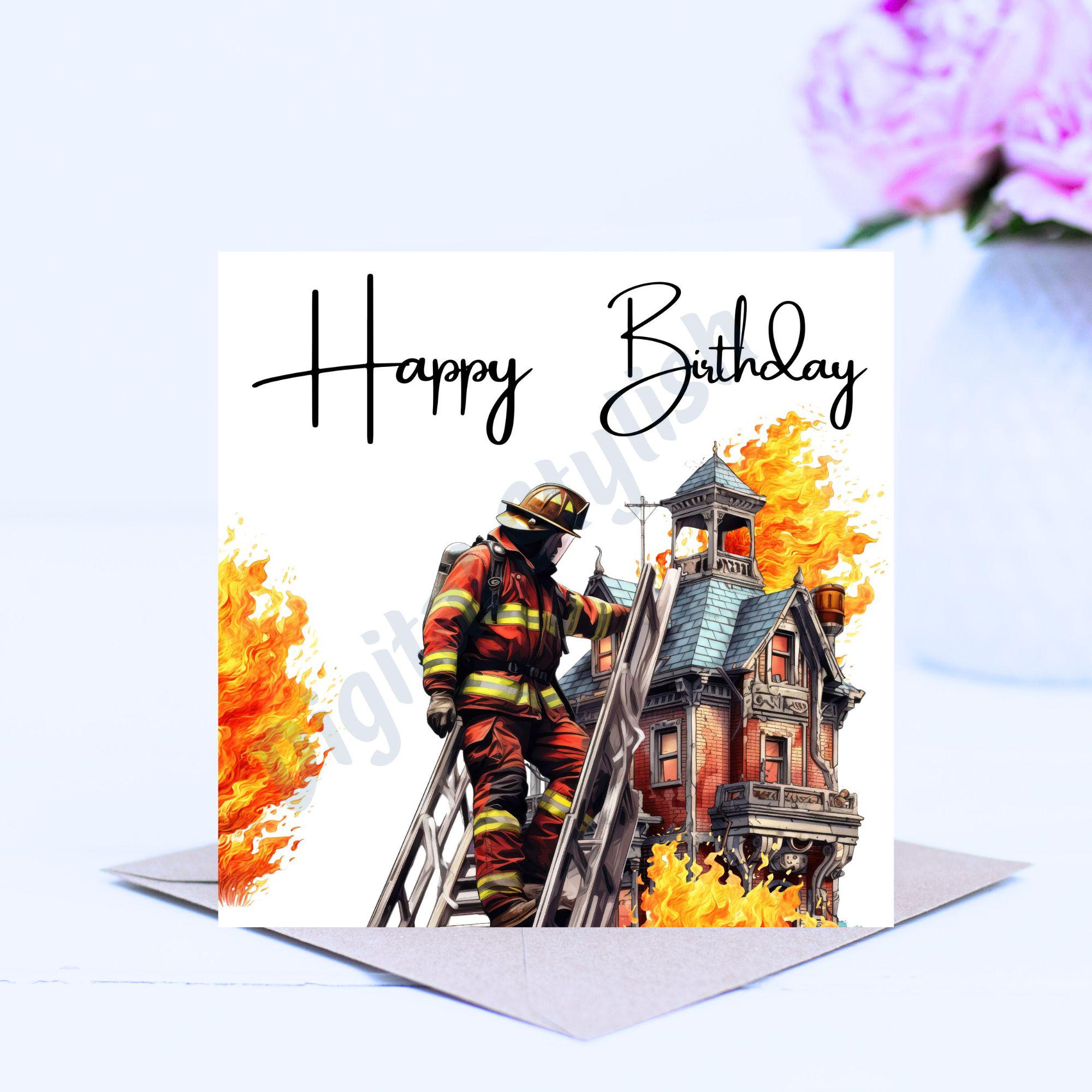 Firefighter Birthday Card Digital Download, Firemanprintable Greeting ...