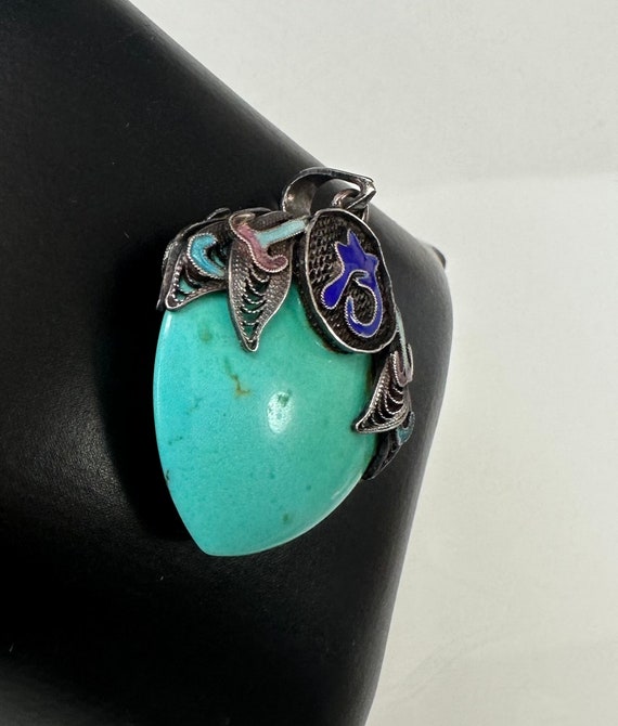 Elegant vintage turquoise pendant with silver and ena… - Gem