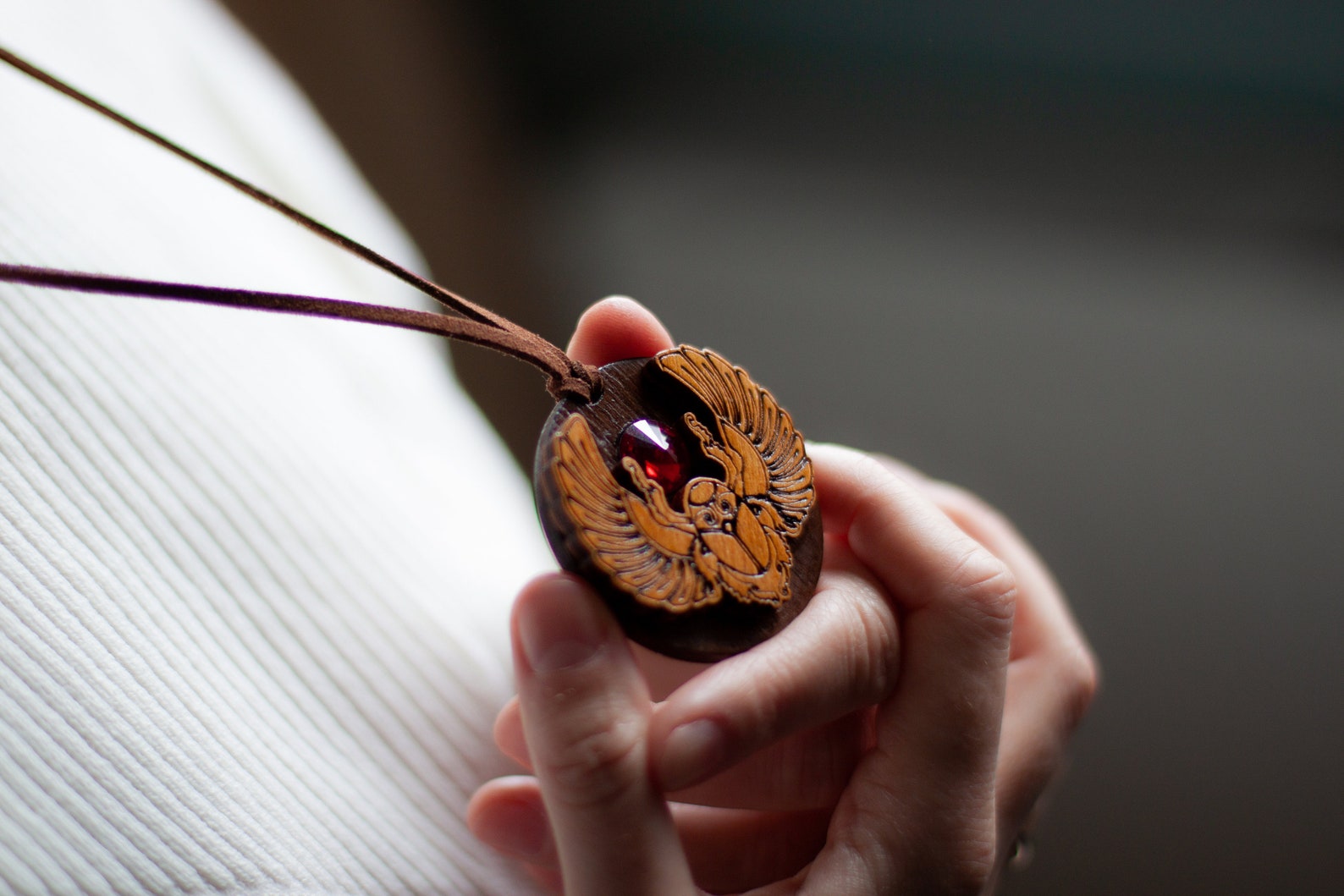 Scarab Wooden Necklace With Ruby Glass, Egyptian Beetle Amulet, Khepri ...