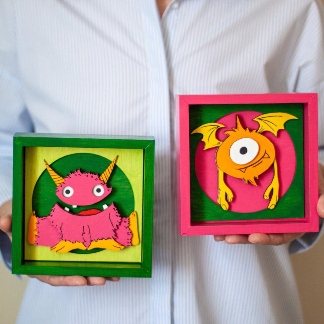 3D Cute Monster Wall Art Set of 2, Nursery Decor Plywood Hand Painted ...