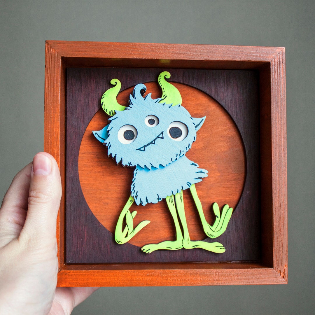 Cute Monster Wall Hanging, Whimsical Wooden 3D Art, Blue Funny Alien ...