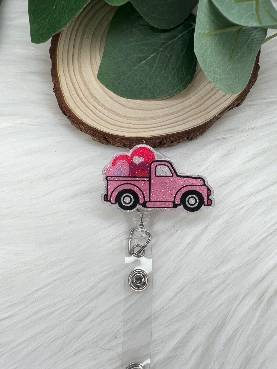 Pink Heart Valentines Truck Glitter Badge Reel--valentines Badge Reel ...