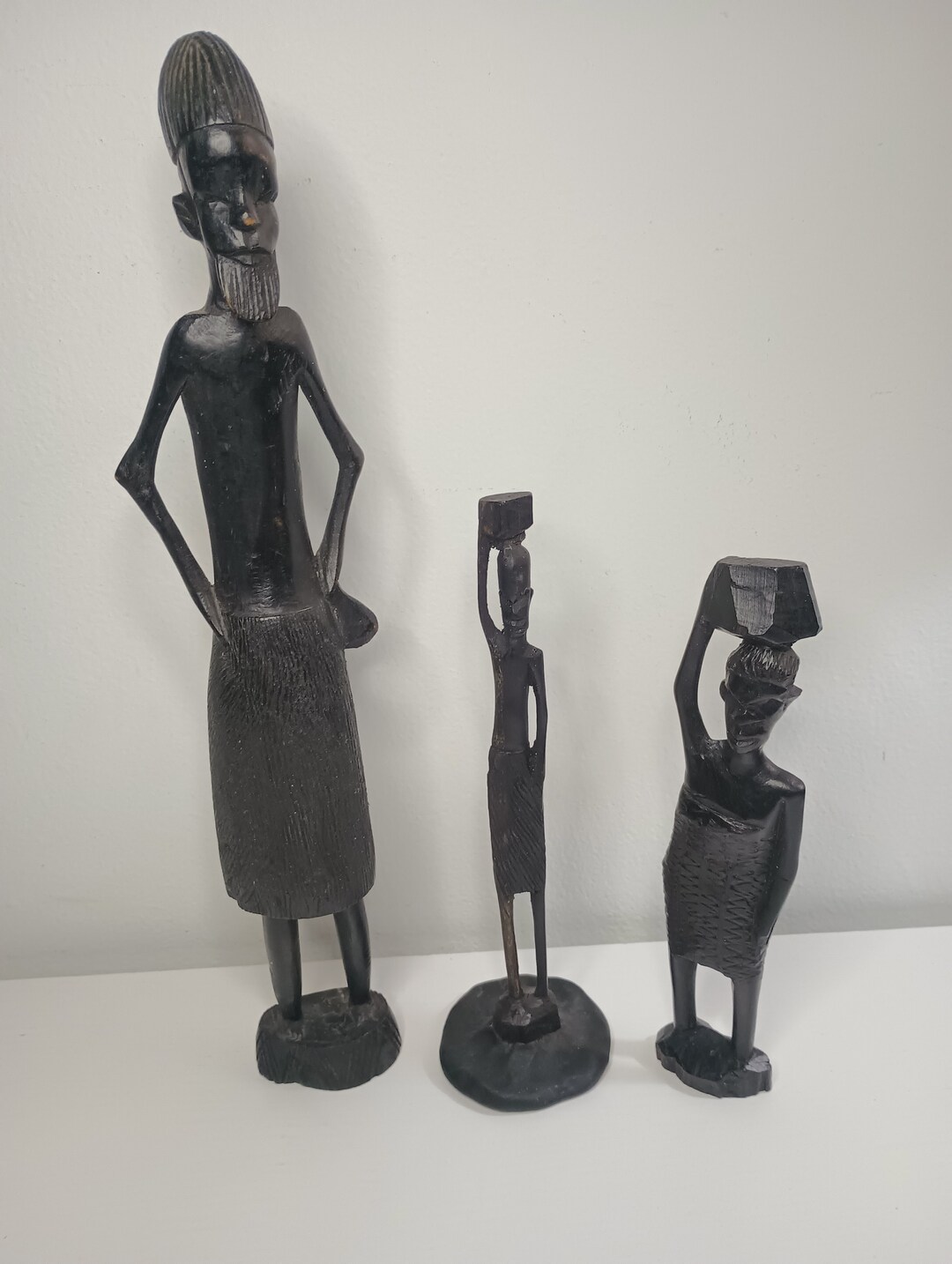 3 Vintage Hand Carved Wooden African Figurines. 2" X 13" 1.5" X 7.5" 2. ...