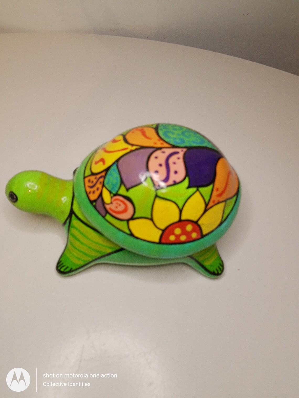 Hand painted folk art ceramic turtle with removable shell for | Etsy