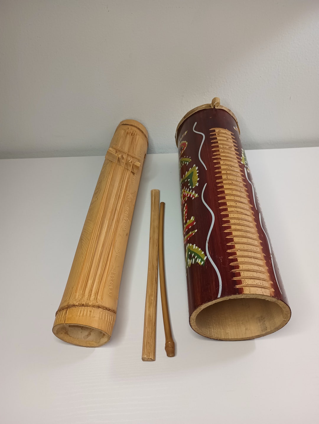 2 Beautiful Hand Carved Bamboo Musical Instruments From Jamaica. 11 X 3 ...