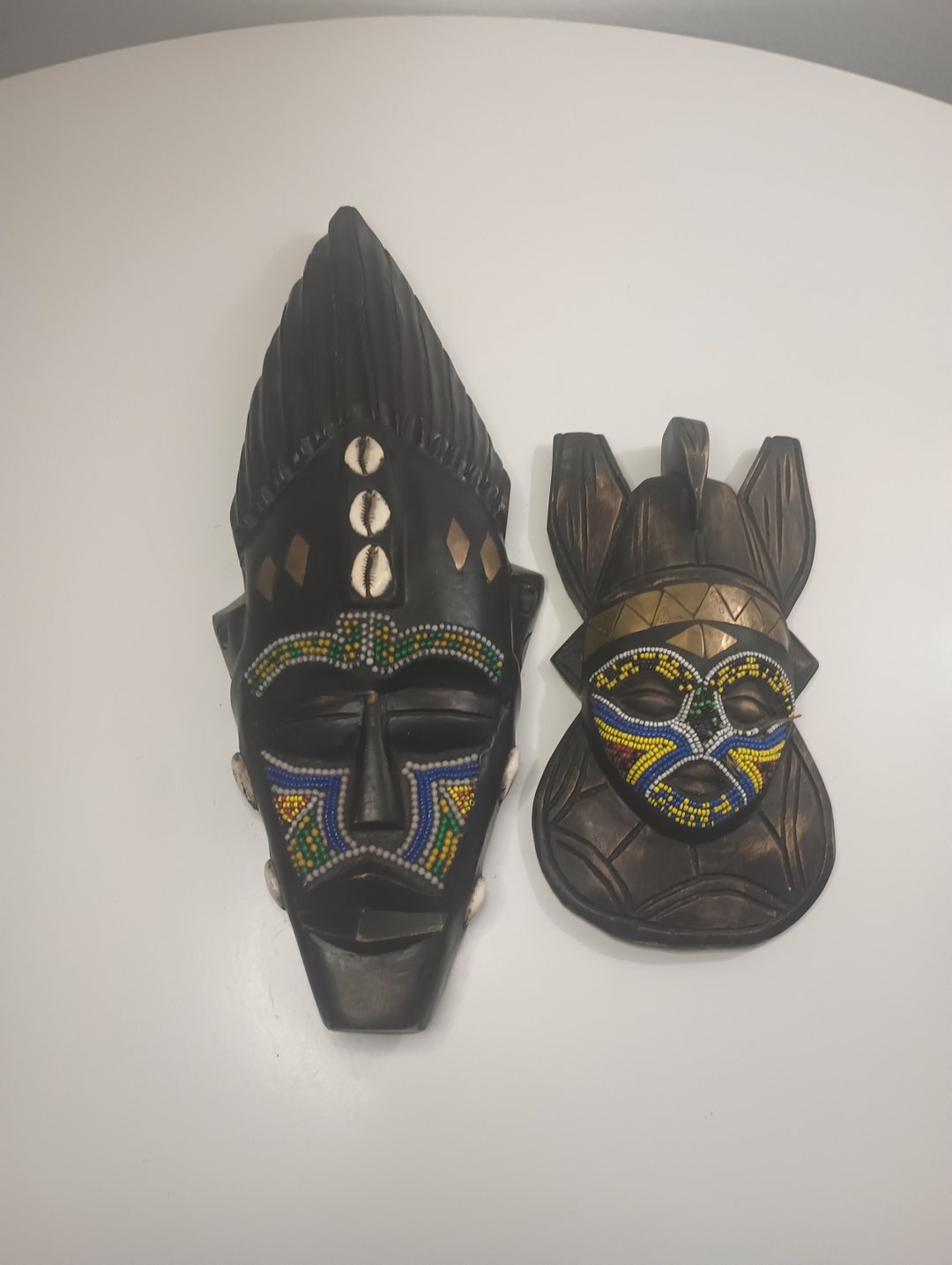 2 Vintage Hand Carved Wooden African Wall Mask. 14" X 5.5" 8.5" X 4.5 ...