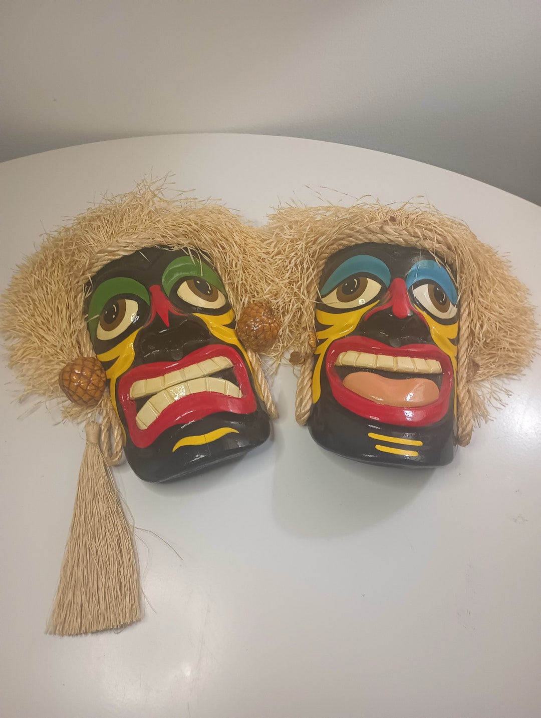2 Vintage Hand Painted and Hand Carved Wooden Tiki Mask. 10.5 X 10.5 X ...