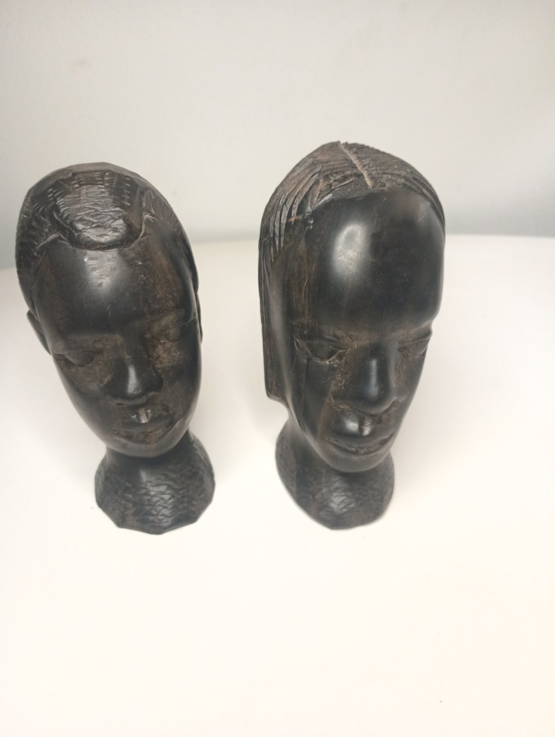 2 Vintage African Hand Carved Wooden Tribal Man and Lady Head Bust. 3 ...