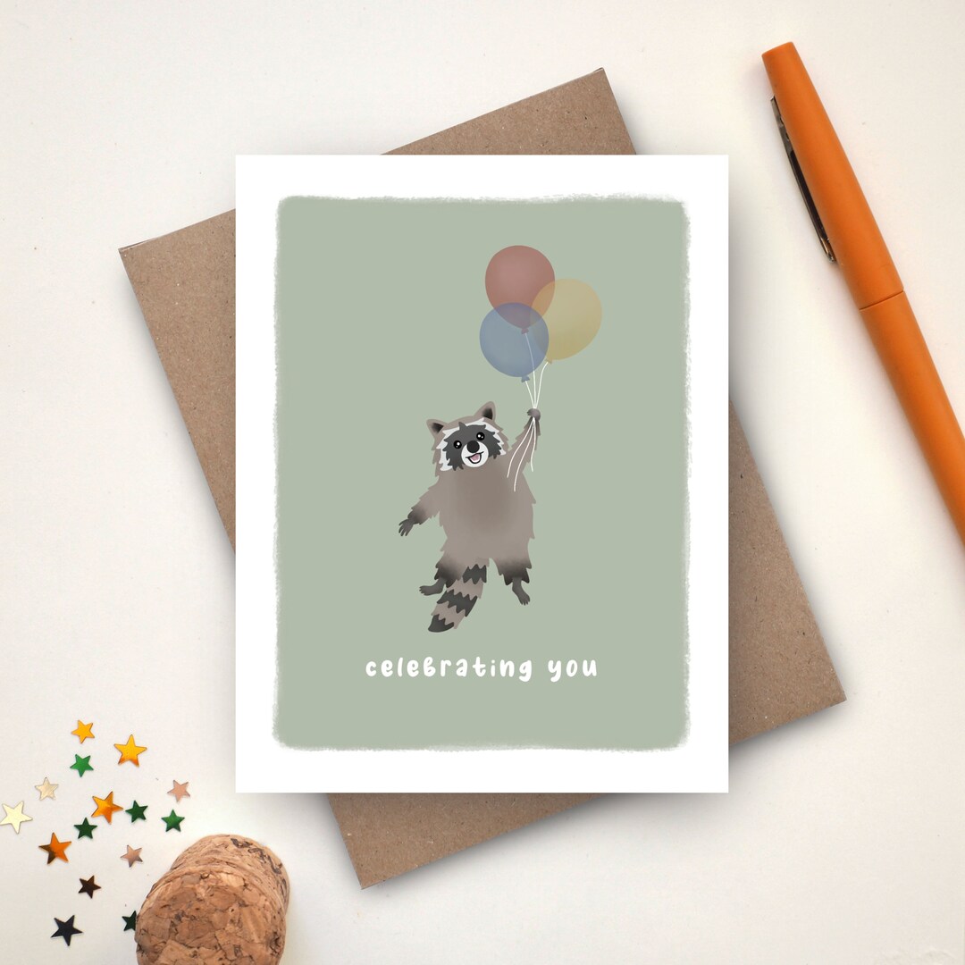 Cute Raccoon Birthday Card Raccoon Balloons Birthday Card - Etsy