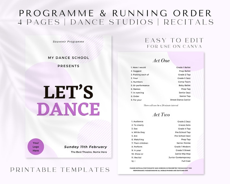 Dance Show Programme Template | Recital Program | Event Running Order ...
