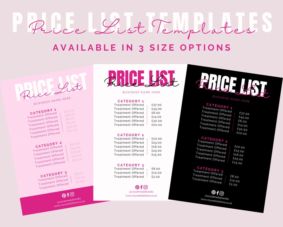 Price List Template Price List Templates Pink Black and White Bold ...