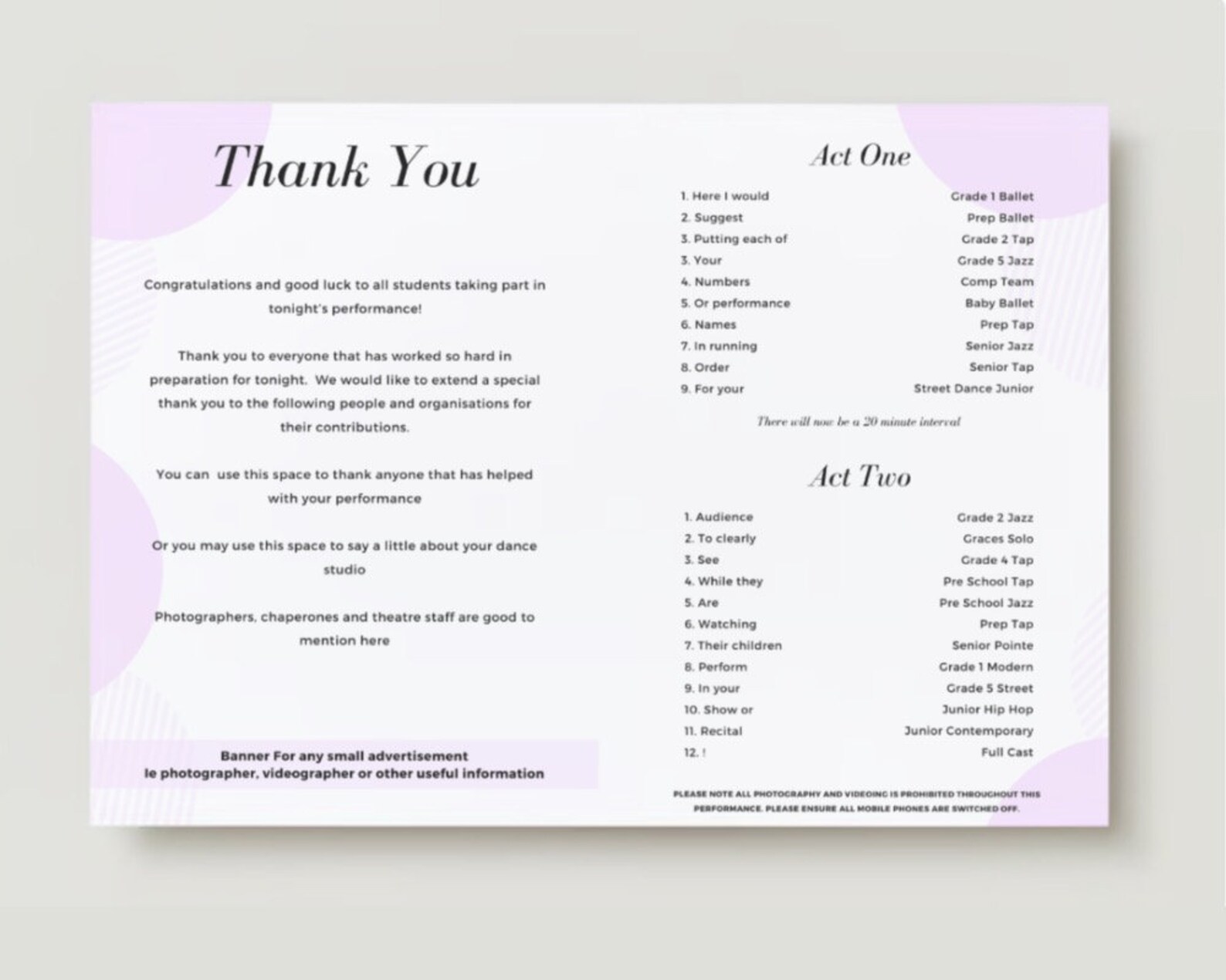 Dance Show Programme Template | Recital Program | Event Running Order ...