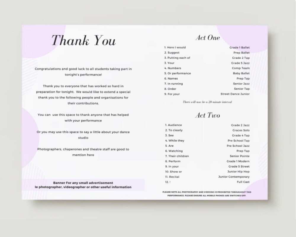 Dance Show Programme Template | Recital Program | Event Running Order ...