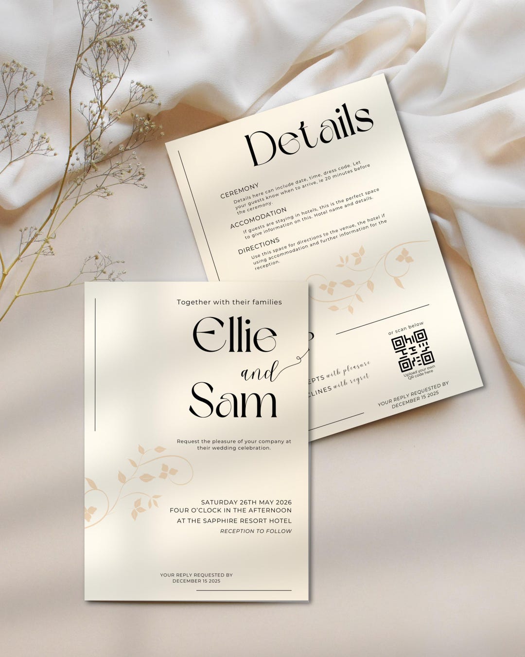Beige Minimalist Wedding Invite Printable Template QR Code | Modern ...