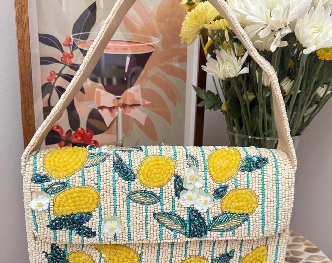 Lemon Beaded Shoulder Bag | Summer Citrus Purse | Handmade Beaded Fruit ...