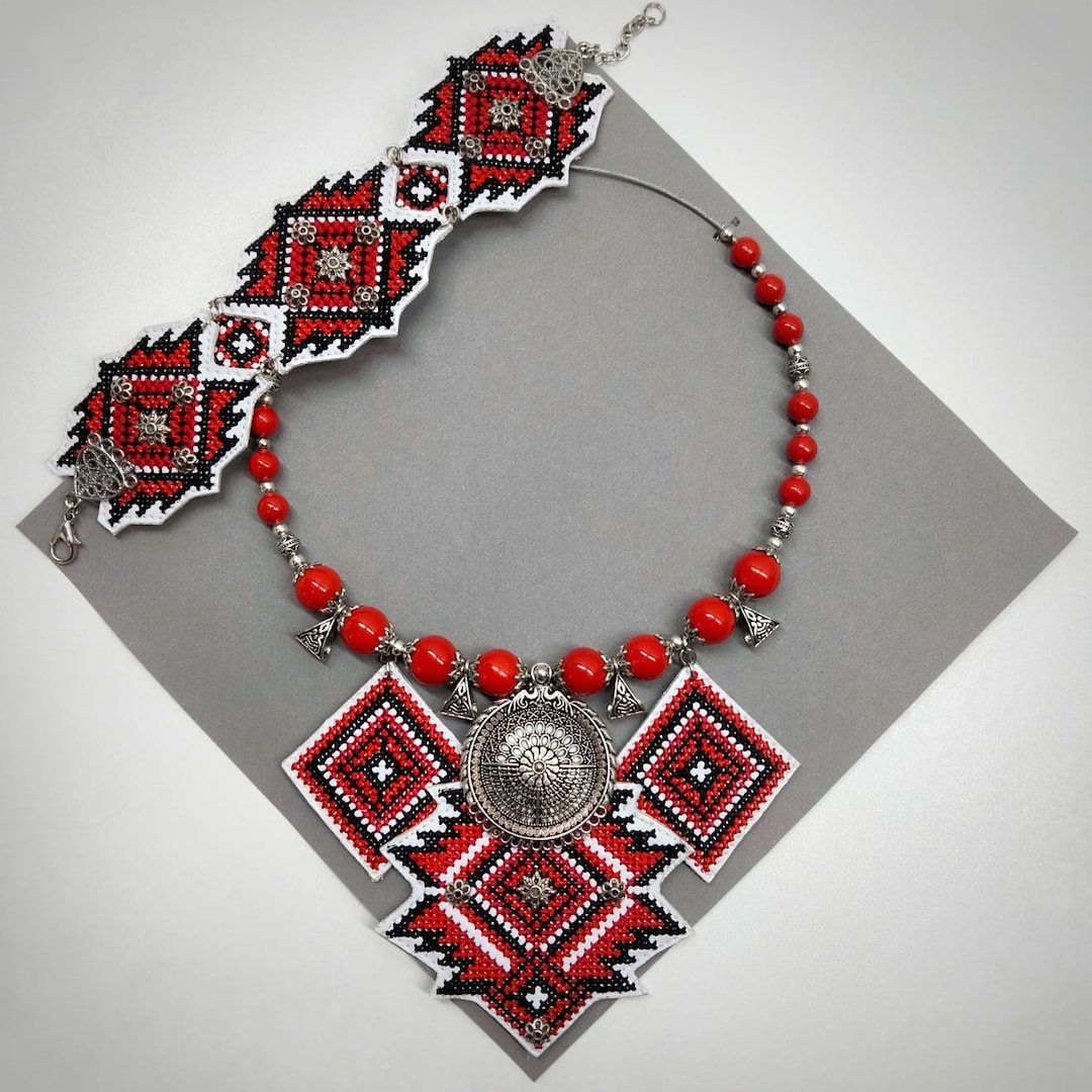 Ukrainian Vyshyvanka Jewelry Sat Embroidered Ethno Necklace Pectoral ...