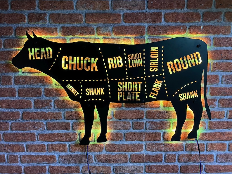 Cow Butcher Cuts Metal Sign, BBQ Kitchen Decor With Backlight - Etsy