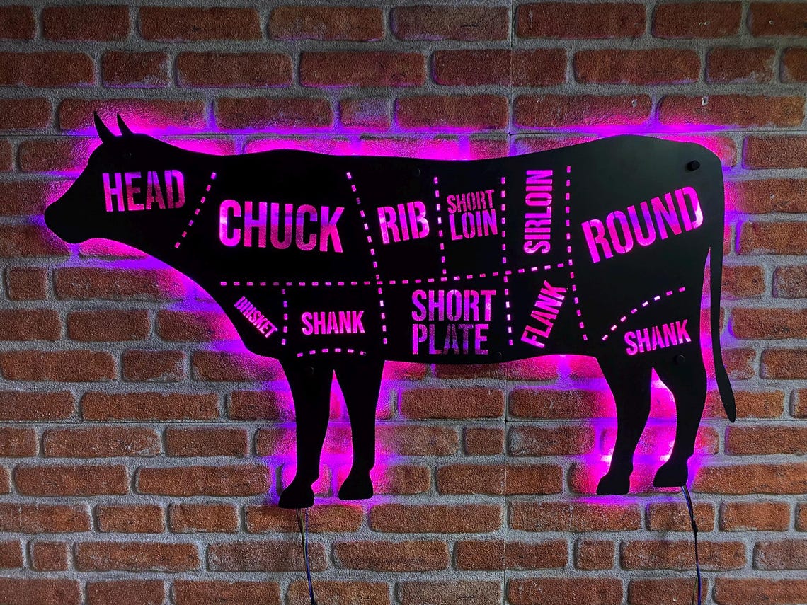 Cow Butcher Cuts Metal Sign, BBQ Kitchen Decor With Backlight - Etsy