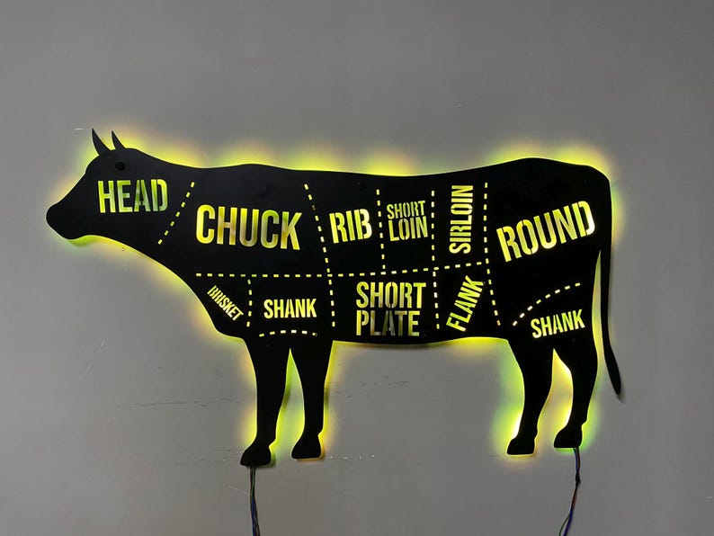 Cow Butcher Cuts Metal Sign, BBQ Kitchen Decor With Backlight - Etsy