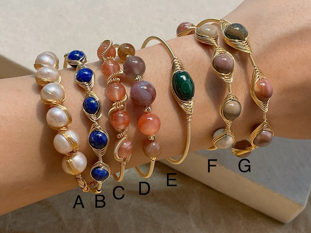Gemstone Gold-filled Wire Wrapped Bangle Bracelet, Hippie Style ...