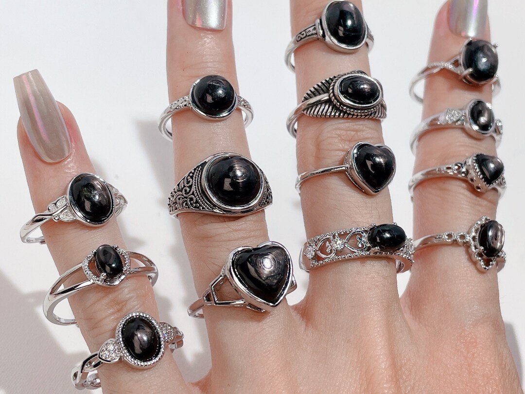 Adjustable Shiny Hypersthene Ring, Black Stone Ring, Dark Feminine ...