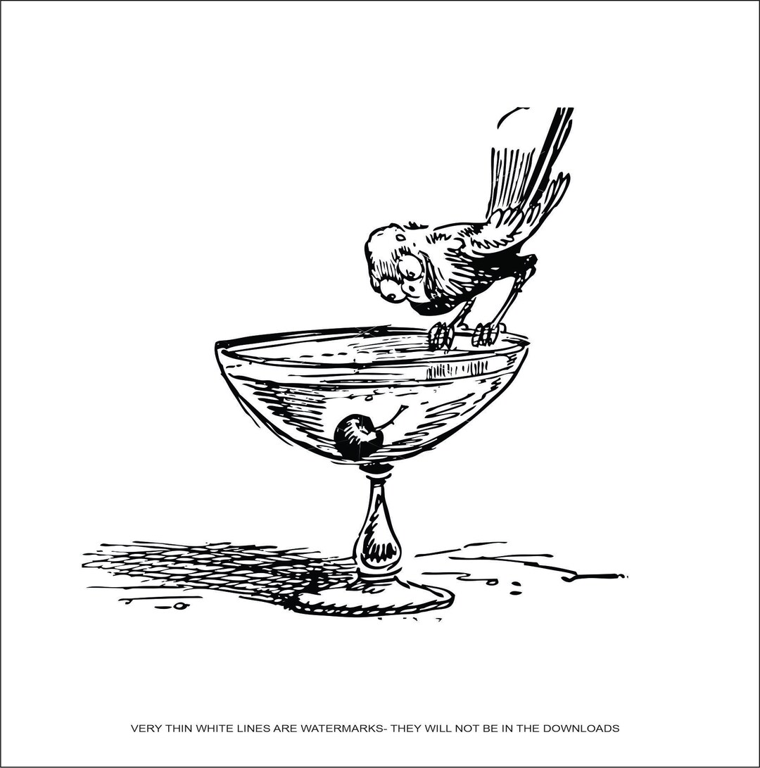 Bird Drinking in Cocktail Glass Gin Olive Alcohol Martini Cartoon Funny ...