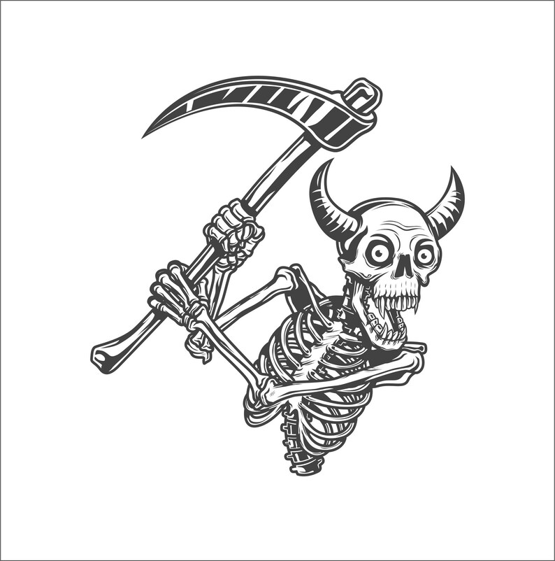 Skull Horns Sickle in Hand Ribs Skeletal Cranium Head Big Eyes - Etsy