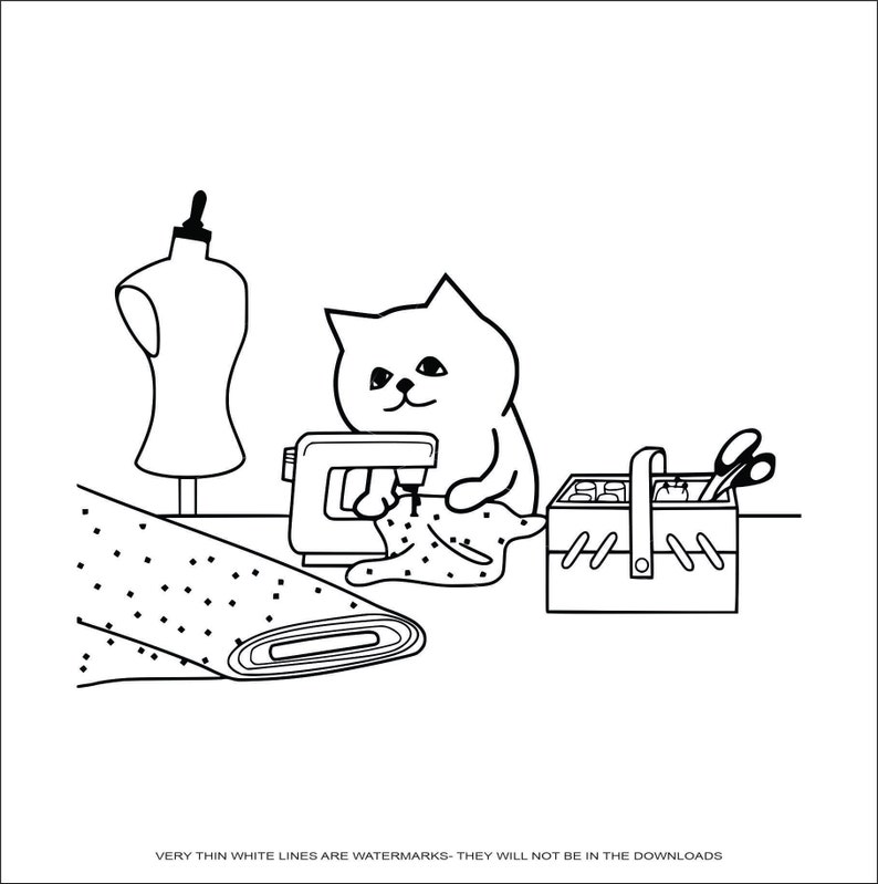 Sewing Machine Cat Kitty Cartoon Domestic Cat Sitting Sew - Etsy