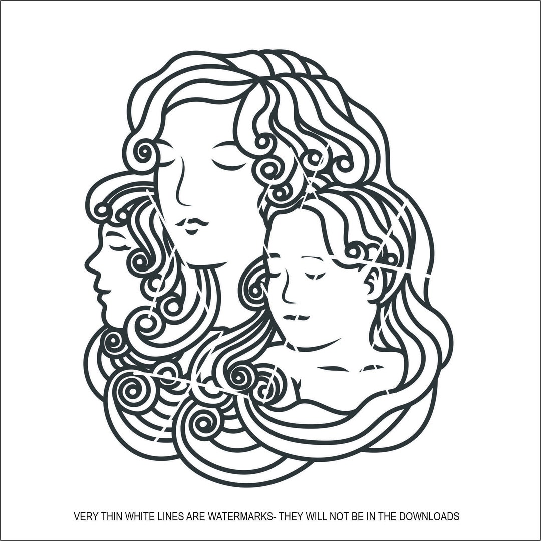 Mother 2 Daughters Picture Family Love Portrait Outline Parent * Cut ...