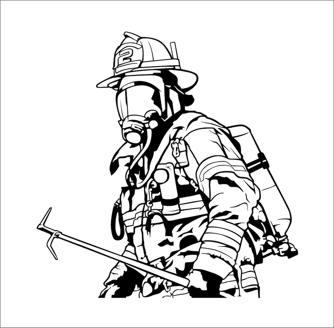 Upper Body Fireman Holding Firefighters Pick Gas Mask Cutting Bit Fire ...