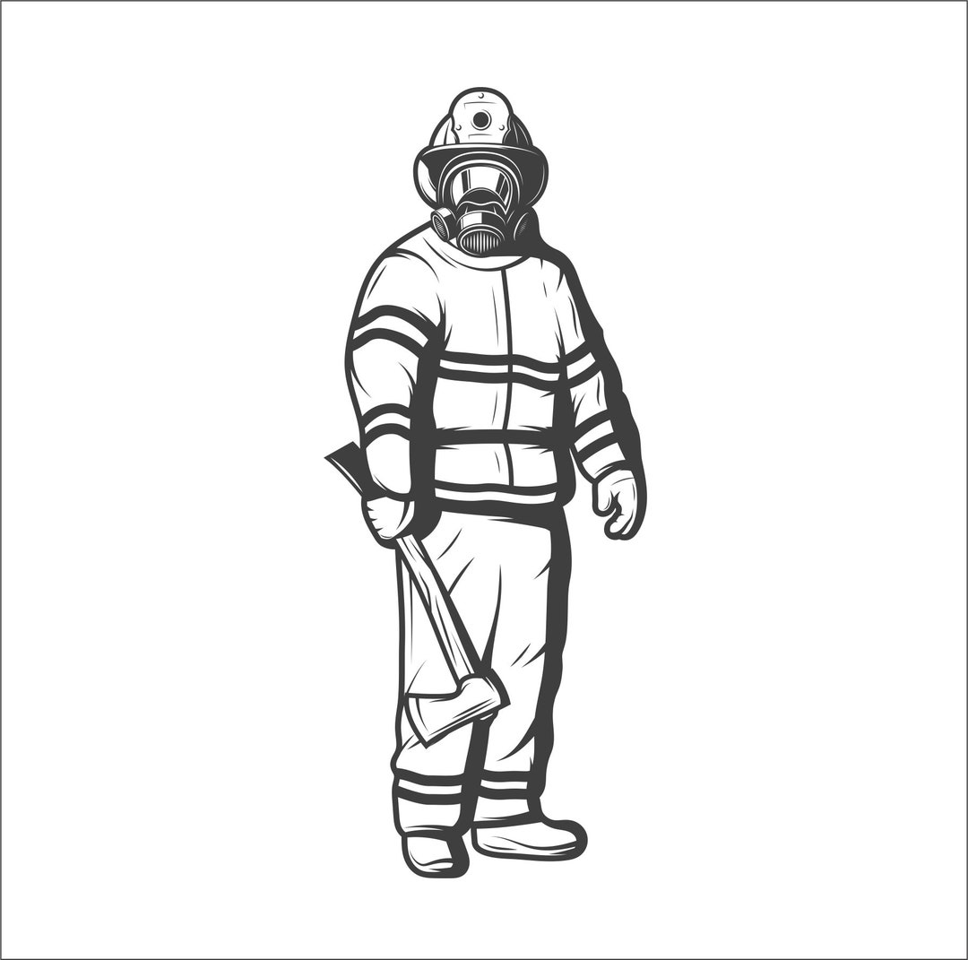 Full Body Fireman Holding Firefighter's Axe Gas Mask Cutting Bit Fire ...
