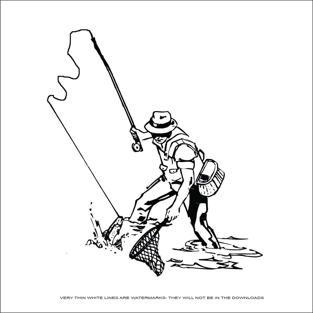 Man Fishing Catch Fish in Net Lake Waiter Pants Rod Reel * Fish ...