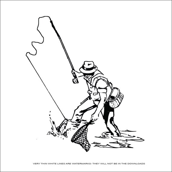 Man Fishing Catch Fish in Net Lake Waiter Pants Rod Reel - Etsy