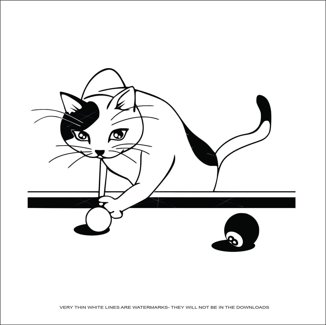 Cat Playing Pool Billiards Fun Eight Ball Player Stick Cue Feline Kitty ...