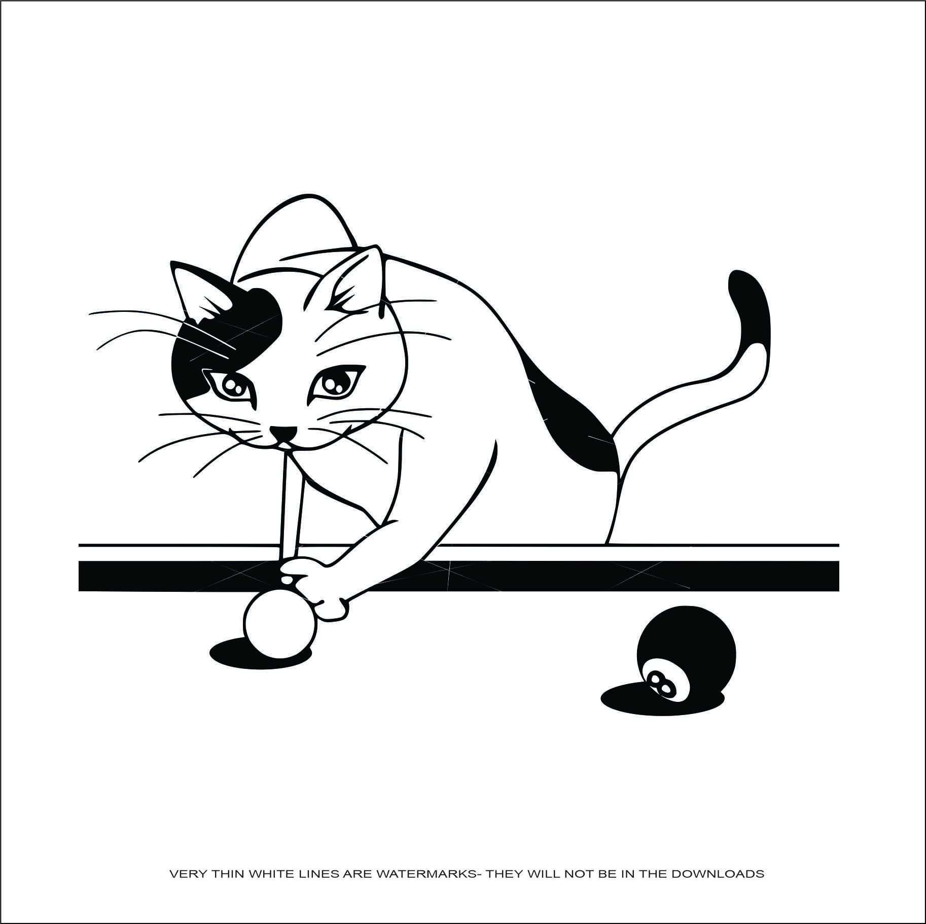 Cat Playing Pool Billiards Fun Eight Ball Player Stick Cue Feline Kitty ...