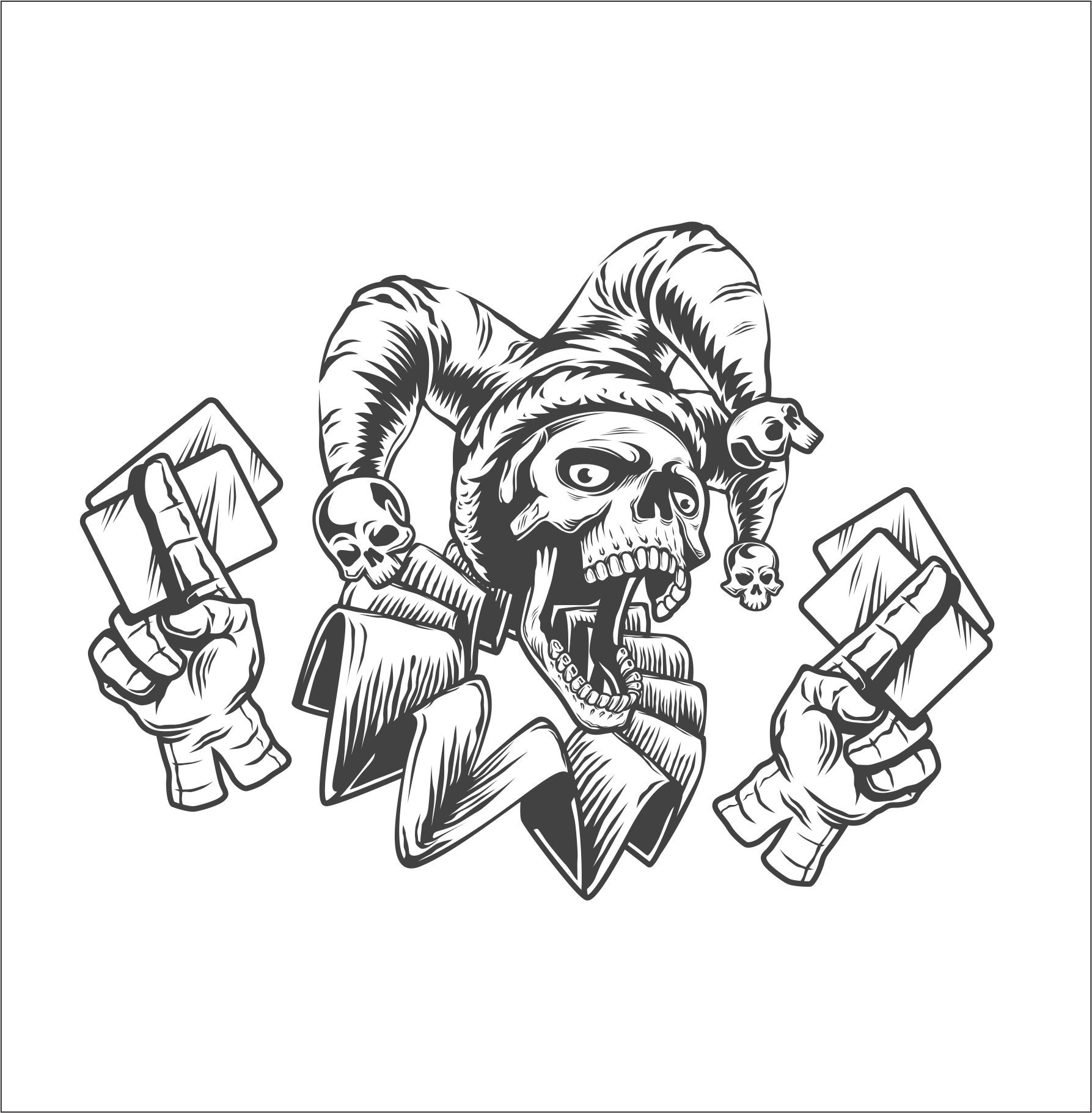 Skull Joker Hat Holding Cards in Hand Ruffle Collar Skeletal Cranium ...