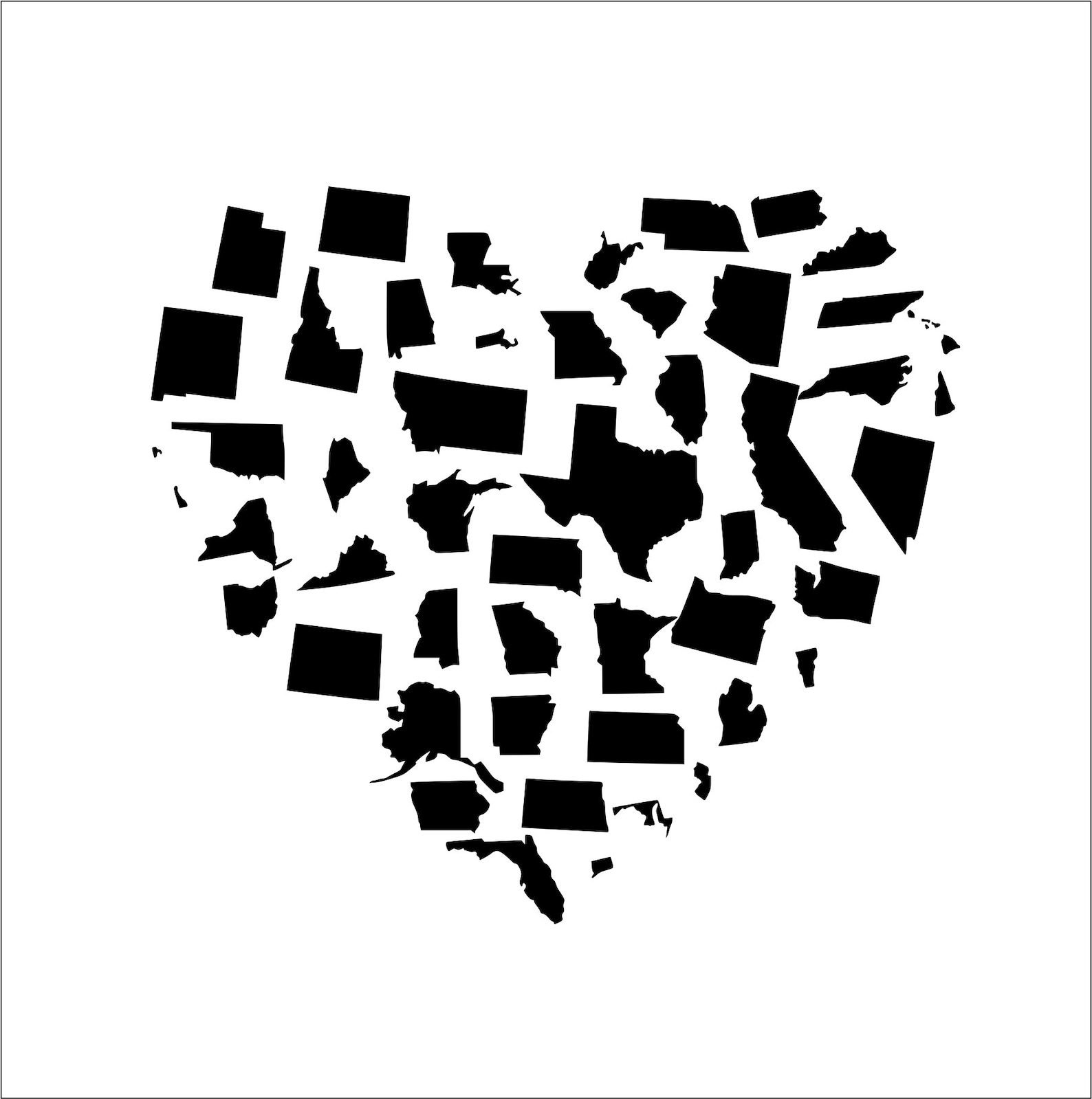 USA State Maps Inside a Heart With All Silhouettes State Inside of ...