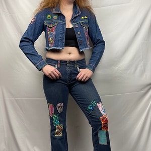 Custom Embroidered Cropped Blue Jean Jacket - Etsy