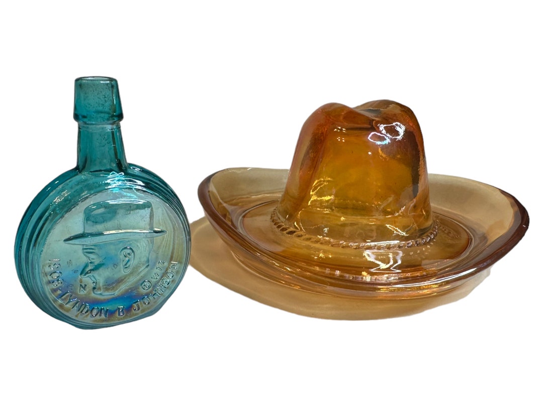 Carnival Glass LBJ Hat Ashtray & Miniature Bottle - Etsy