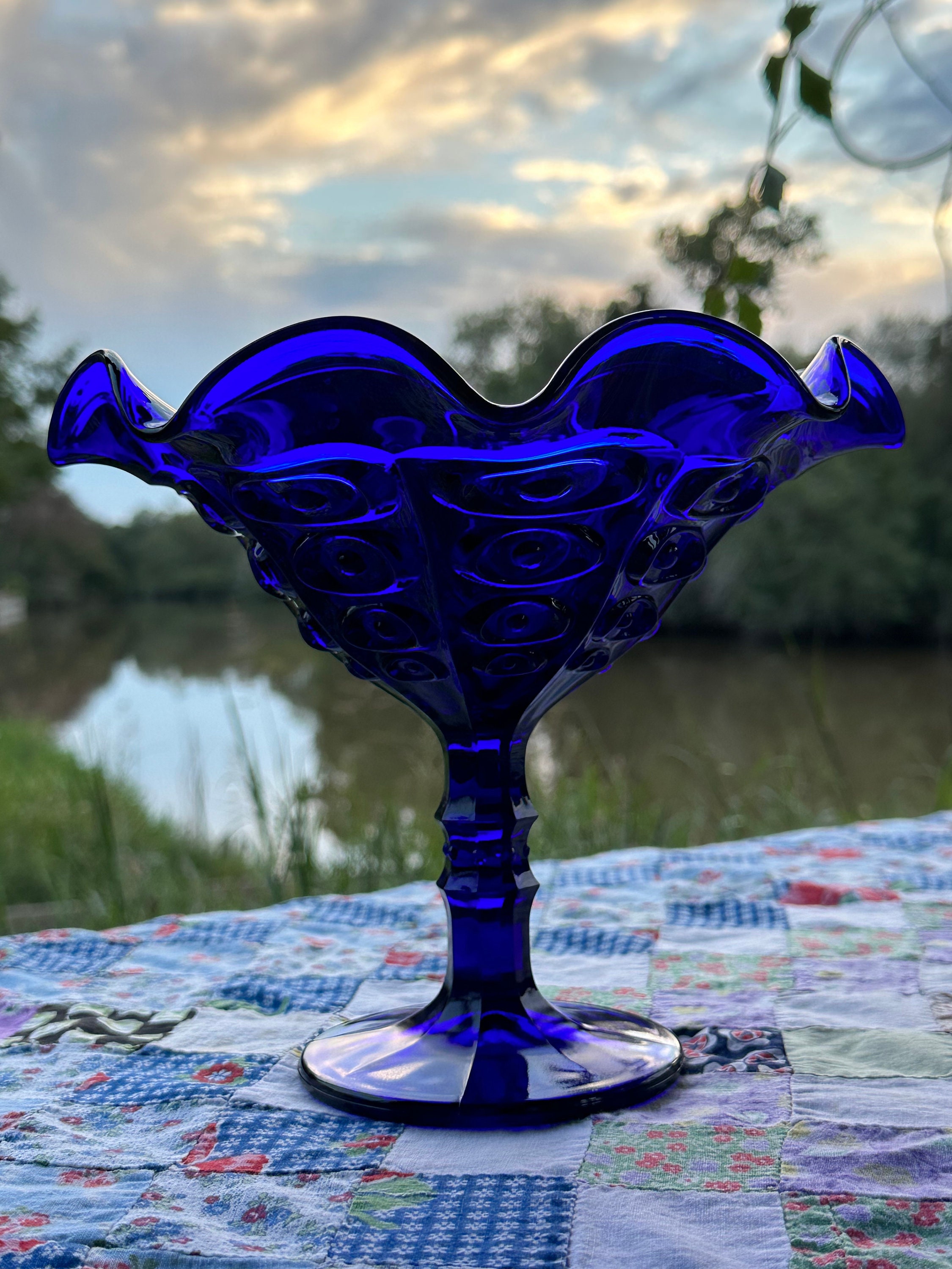 Viking Glass Cobalt Yesteryear Bullseye Compote - Etsy