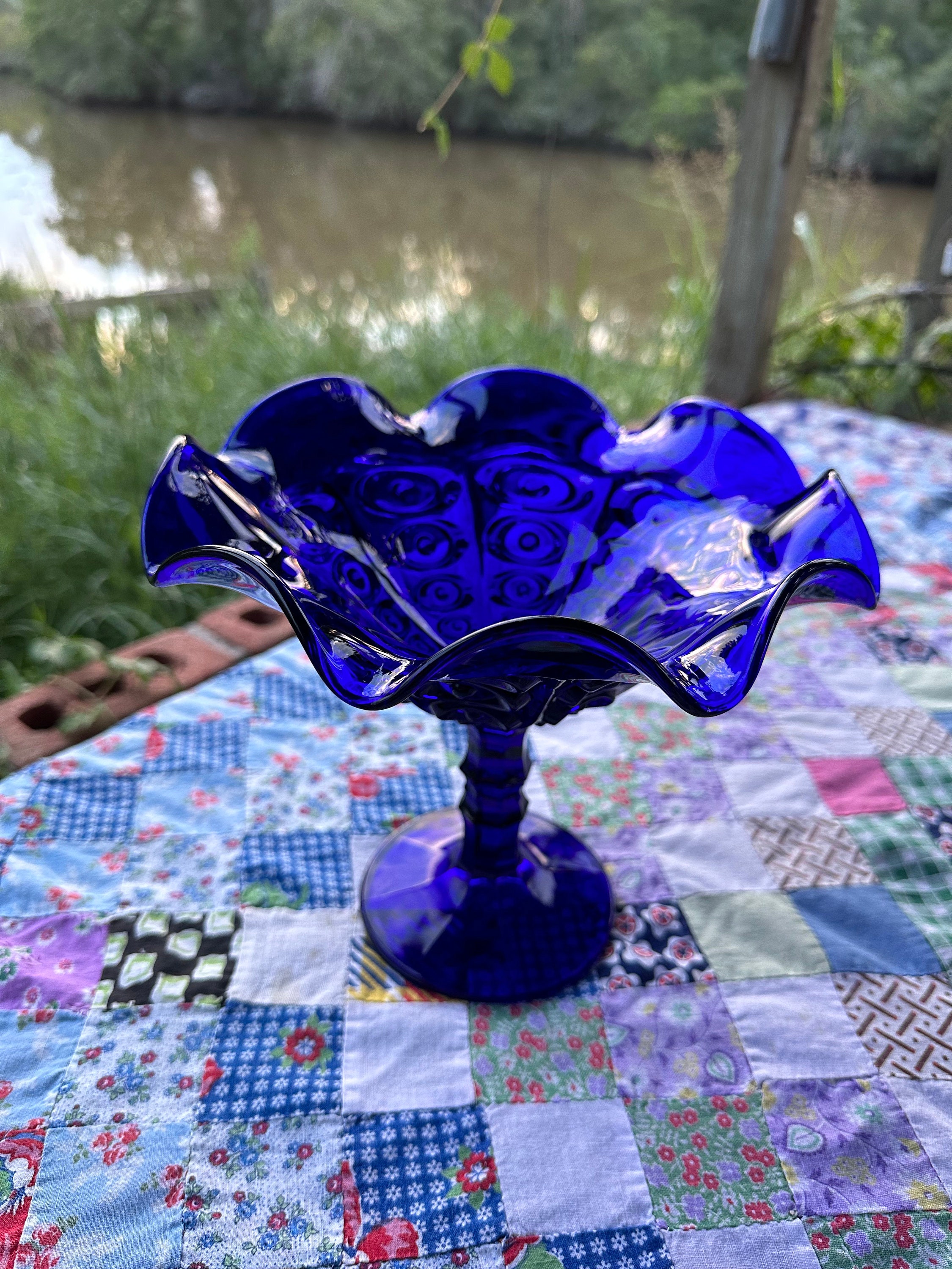 Viking Glass Cobalt Yesteryear Bullseye Compote - Etsy