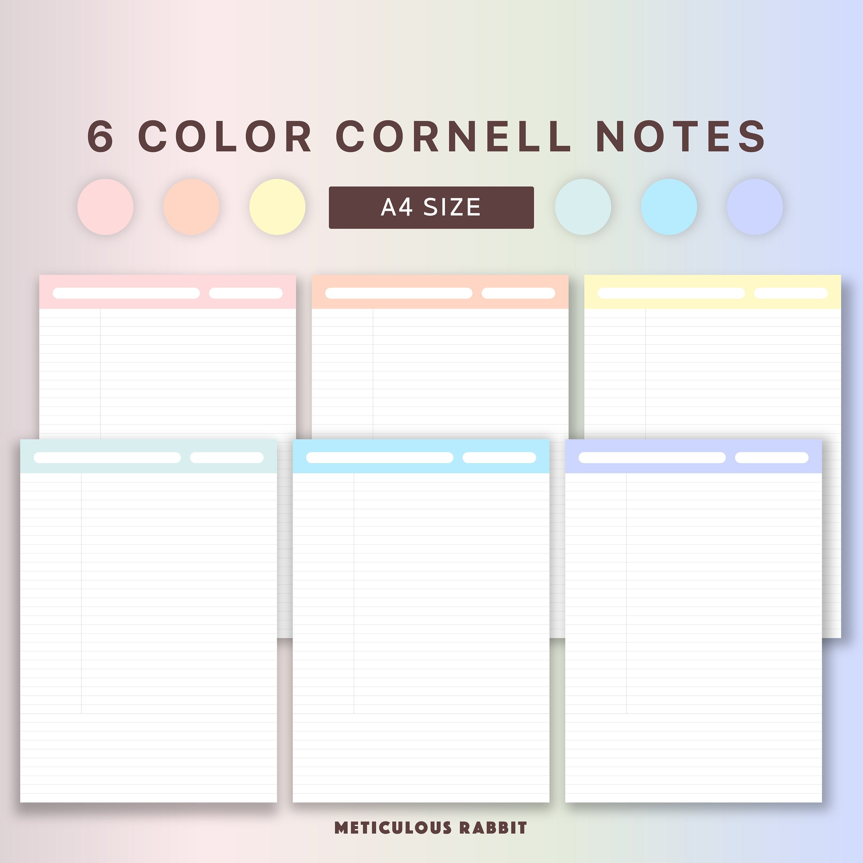 Paper & Party Supplies Paper Printable Cornell note pack 6 Color ...